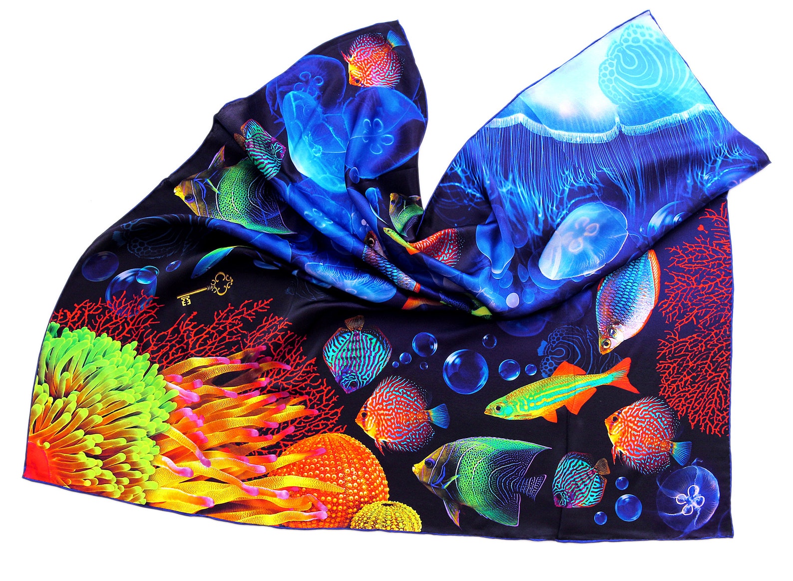 Coral Reef Silk Scarf – 36x36" Ocean Scarf With Angel Fish & Jellyfish ...