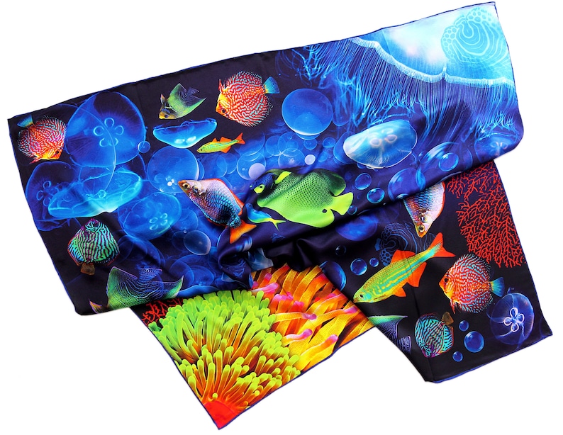 Coral Reef Silk Scarf – 36x36" Ocean Scarf With Angel Fish & Jellyfish ...