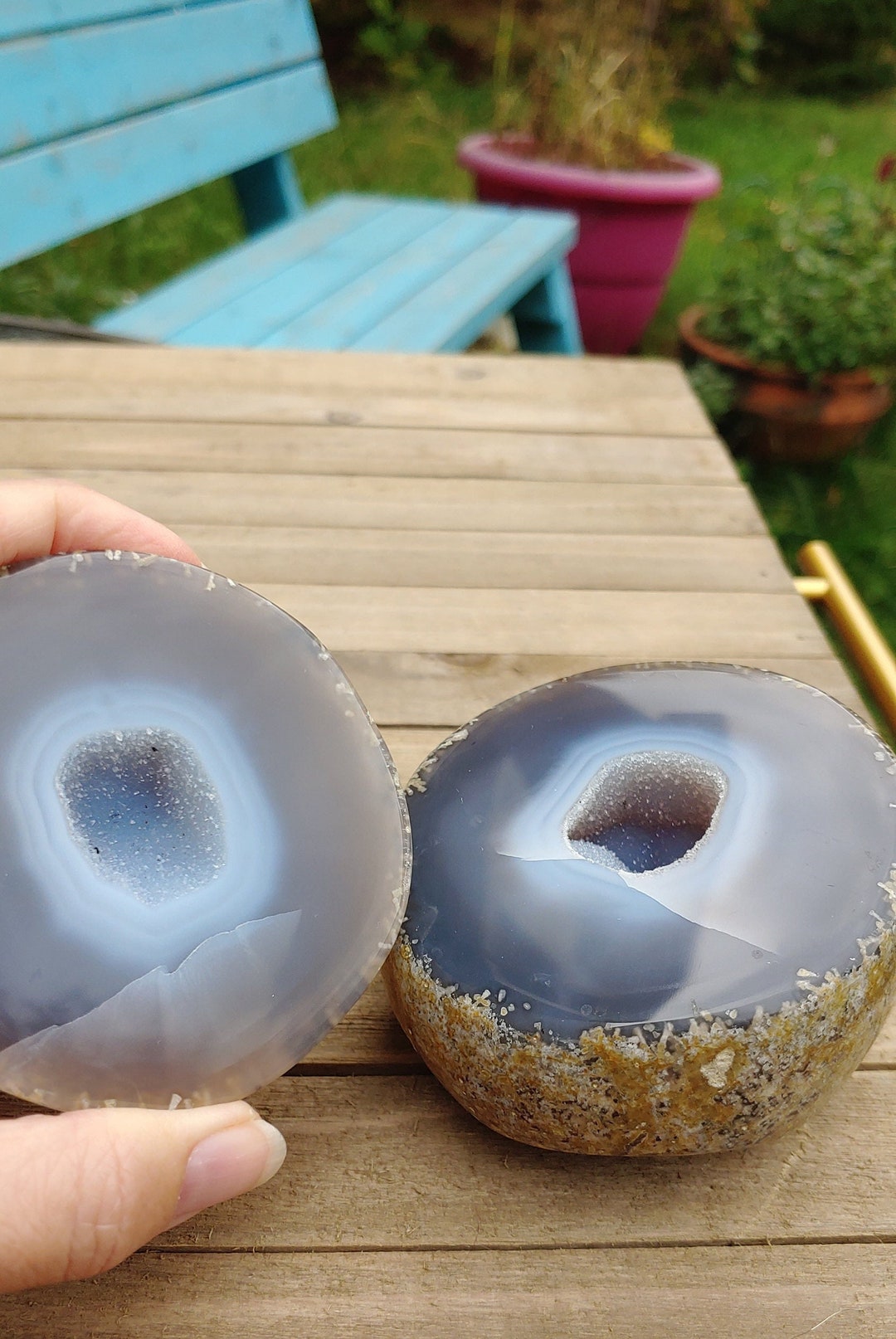 Agate Geode With Spectacular Druzy Cave Two Polished Crystal Stones ...