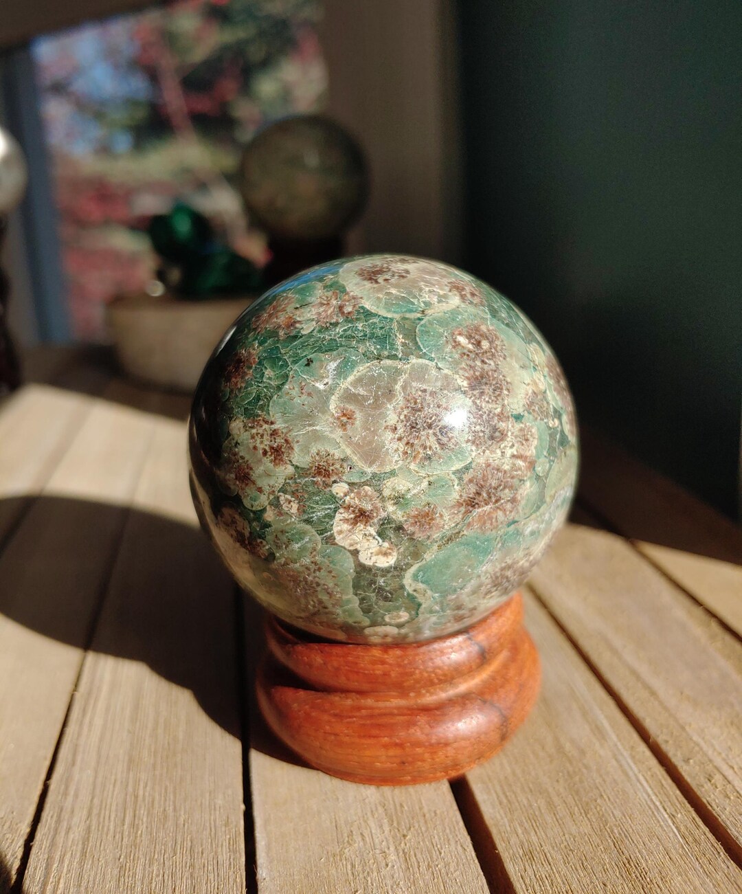 Green Sakura Flower Agate Sphere 59mm 2.4 Cherry Blossom Agate. Wood ...