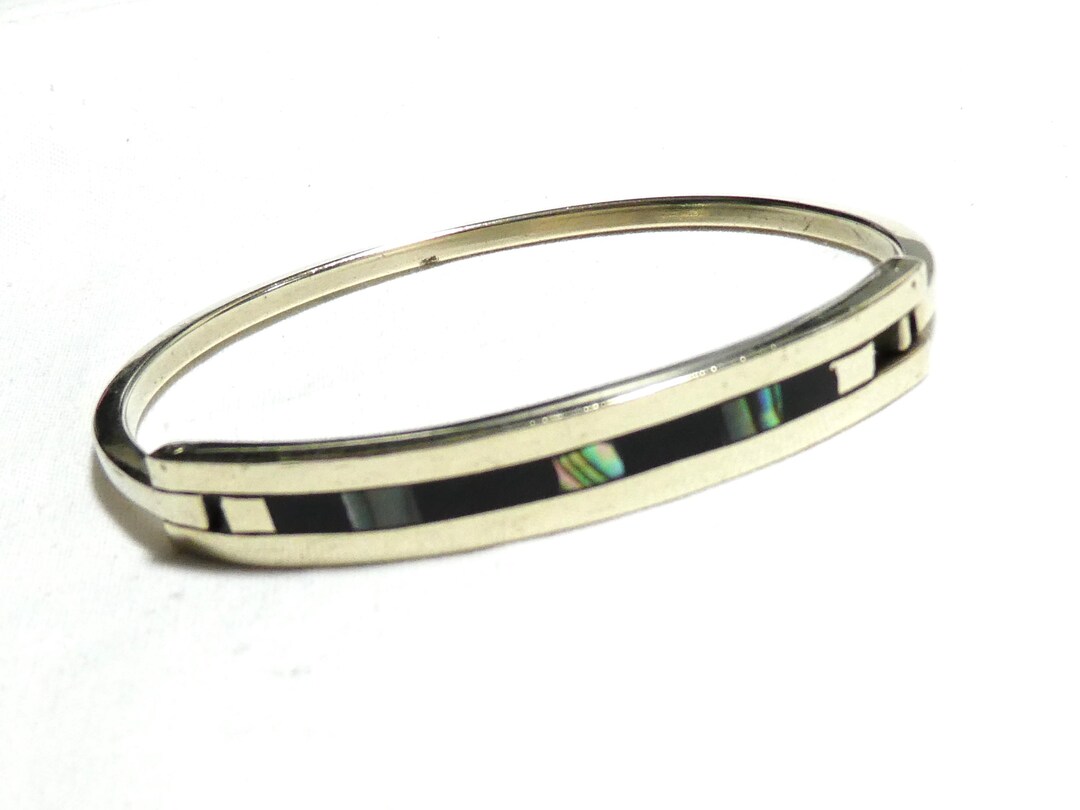 VINTAGE MEXICO Silver Nickle Black Enamel & Abalone Shell Inset Slim ...