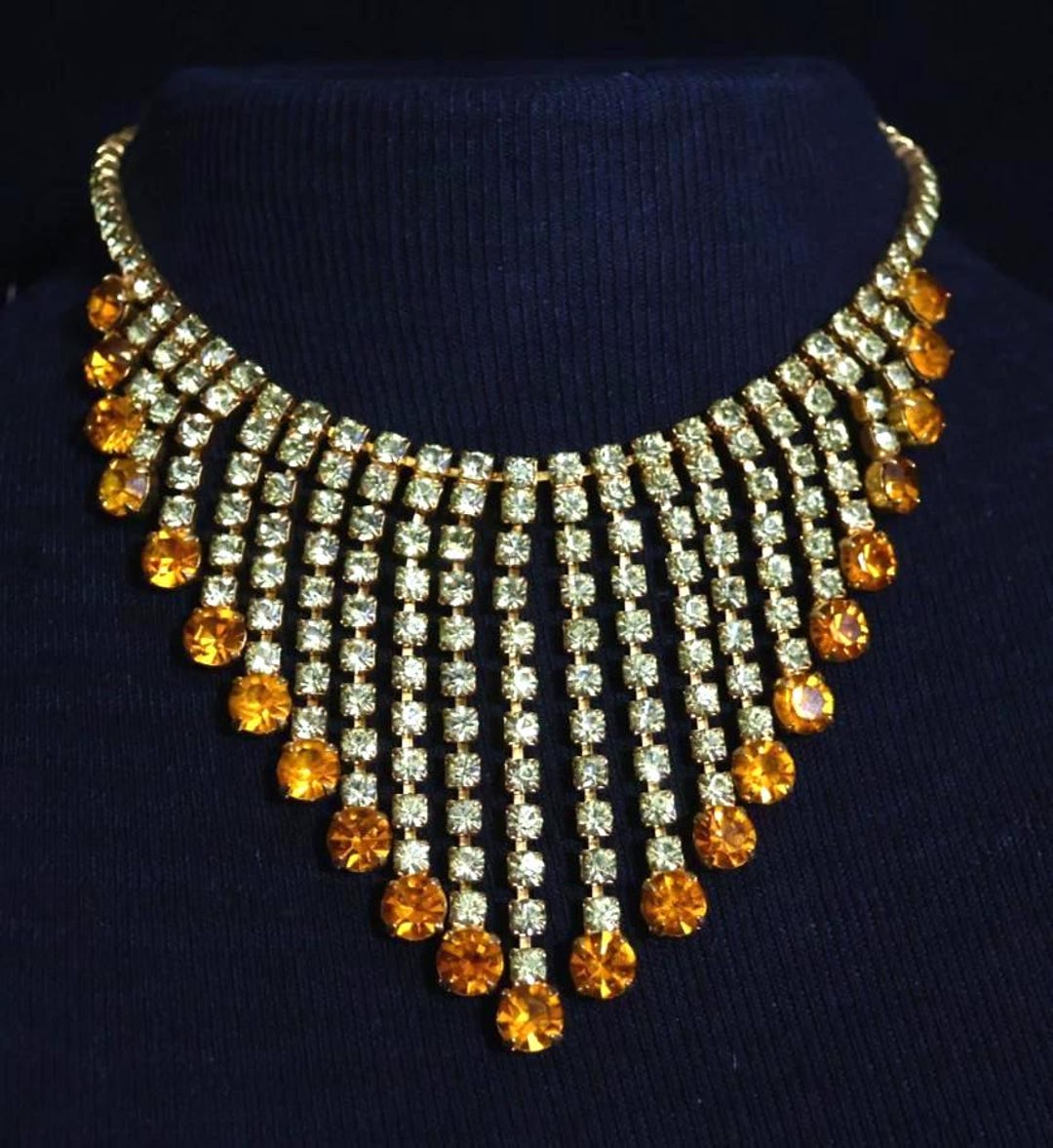 VINTAGE Goldtone Honey Lemon Colour Sparkly Rhinestone Graduated Fringe ...