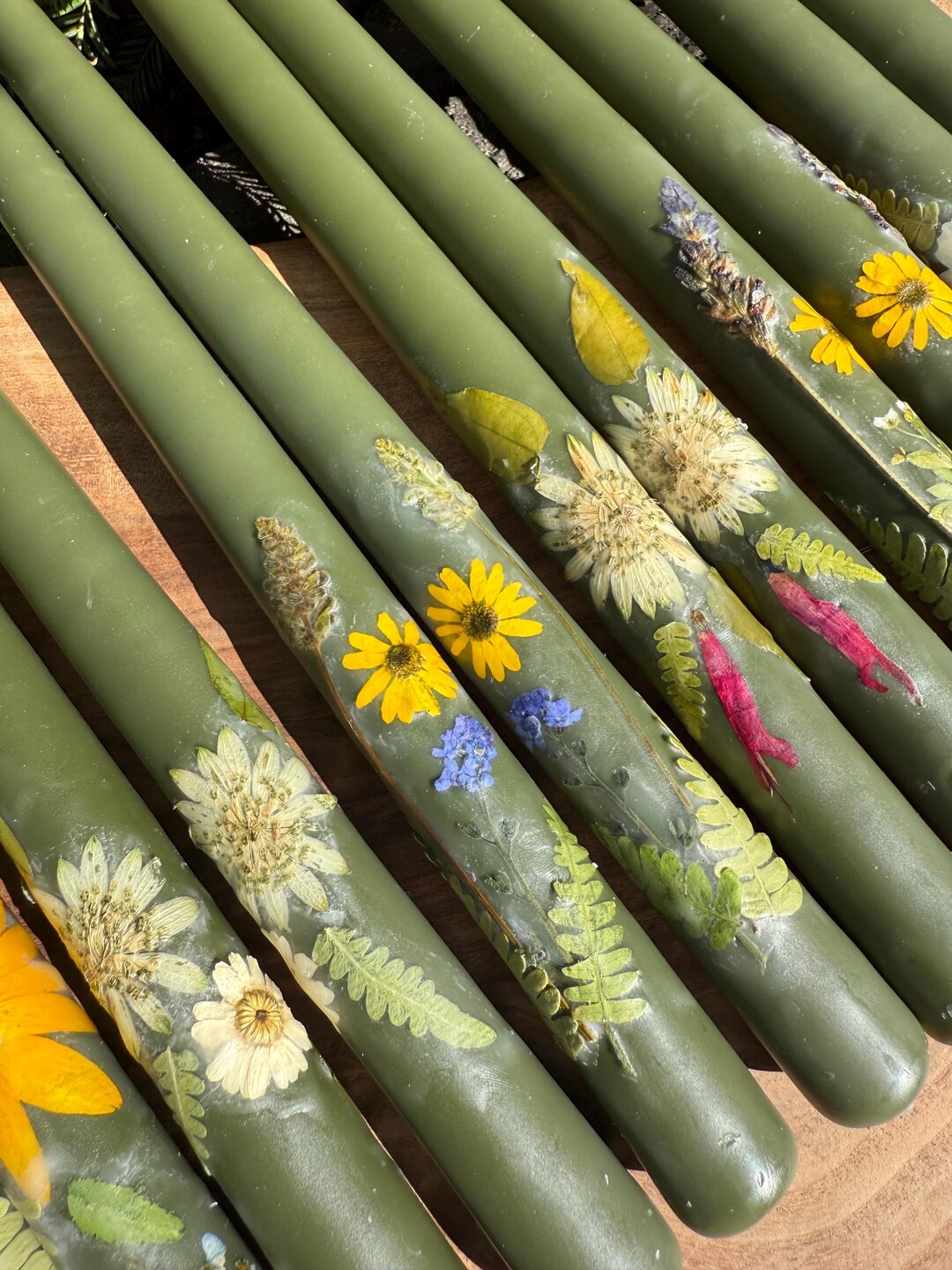 Green Pressed Flower Taper Candles, Mixed Botanicals, One Pair, Holiday ...