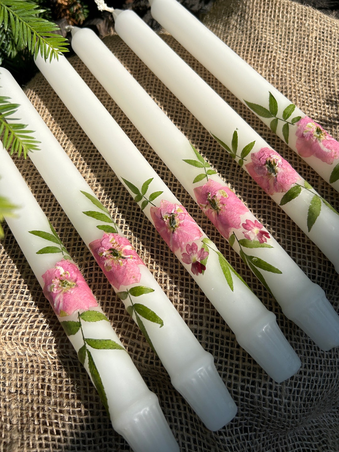 Pink Pressed Flower Taper Candles, Valentines Day Taper Candles, Dried ...