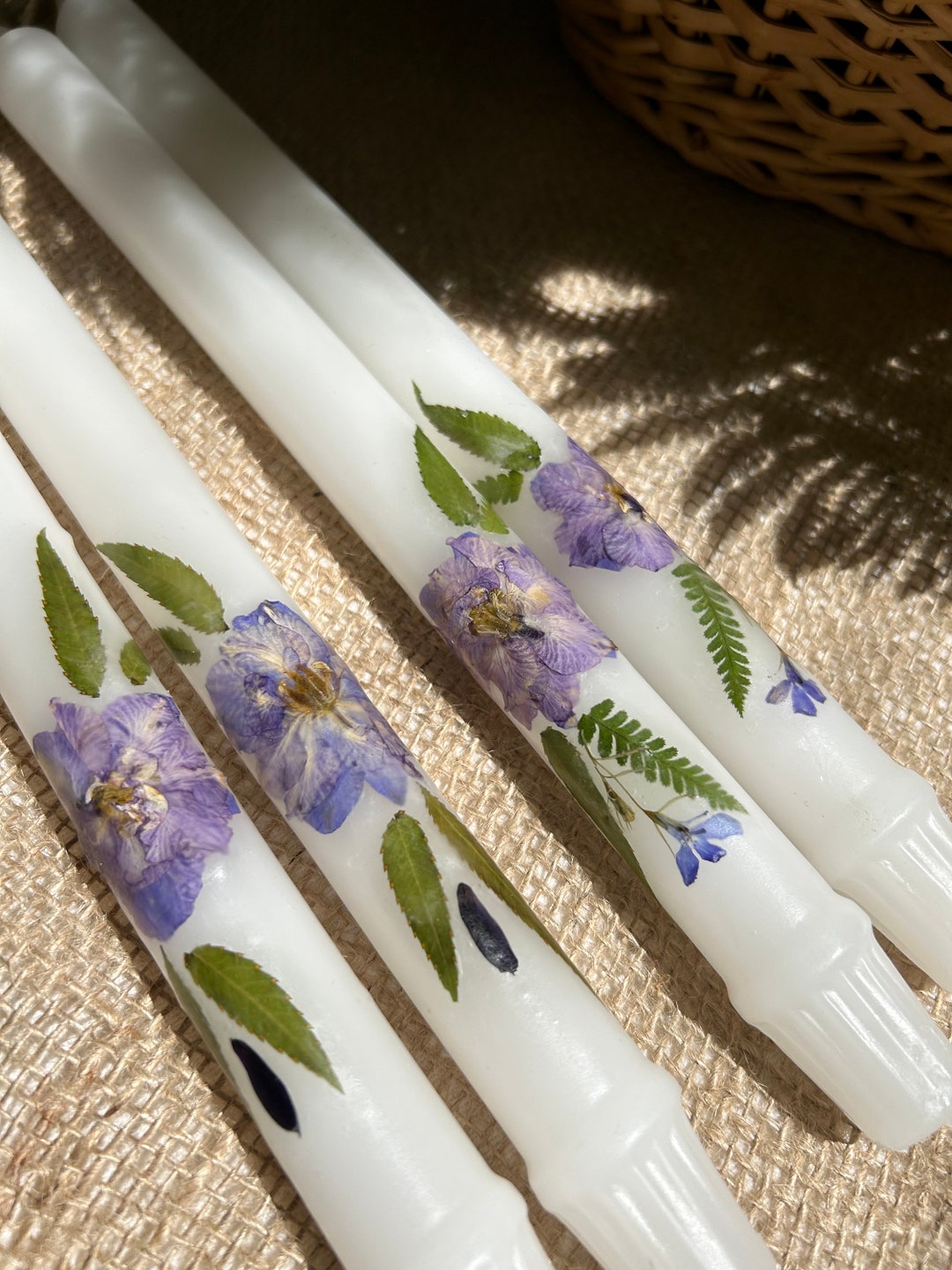 Homegrown & Hand Pressed Flower Taper Candles, 12 Inch, Set of Tapers ...
