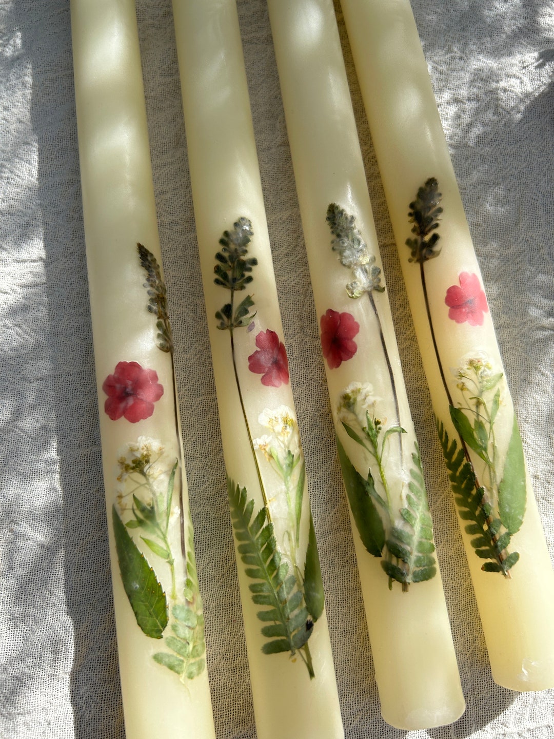 Pressed Flower Beeswax Taper Candles: Red and Green Florals (one Pair ...
