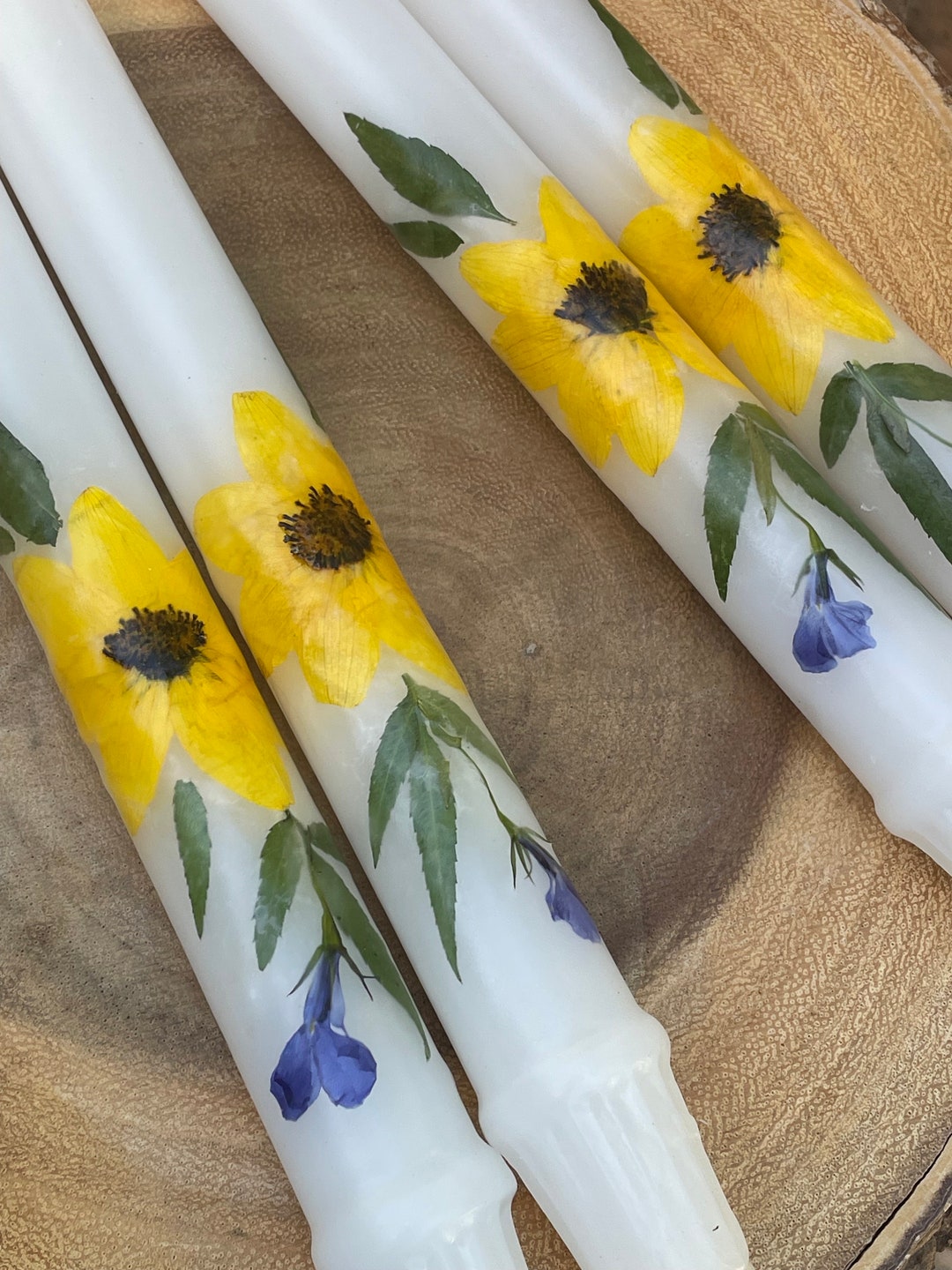 Yellow Pressed Flower Taper Candles, Homegrown Pressed Botanical Taper ...