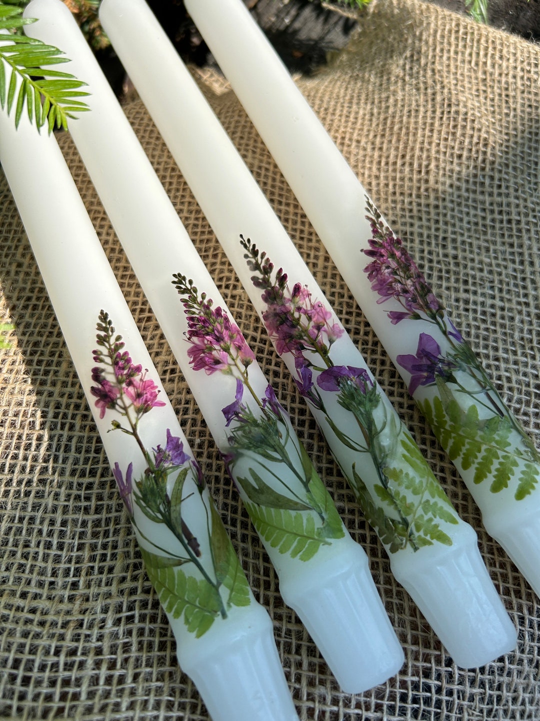 Purple Botanicals - Pressed Flower Taper Candles - Etsy