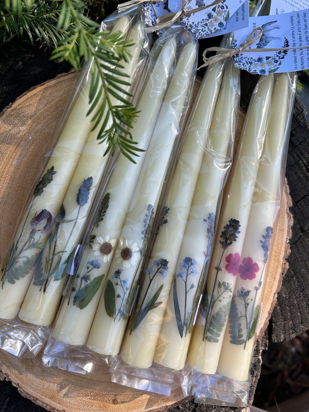 Beeswax Tapers With Pressef Flowers, Botanical Tapers, Set of 2 Tapers ...