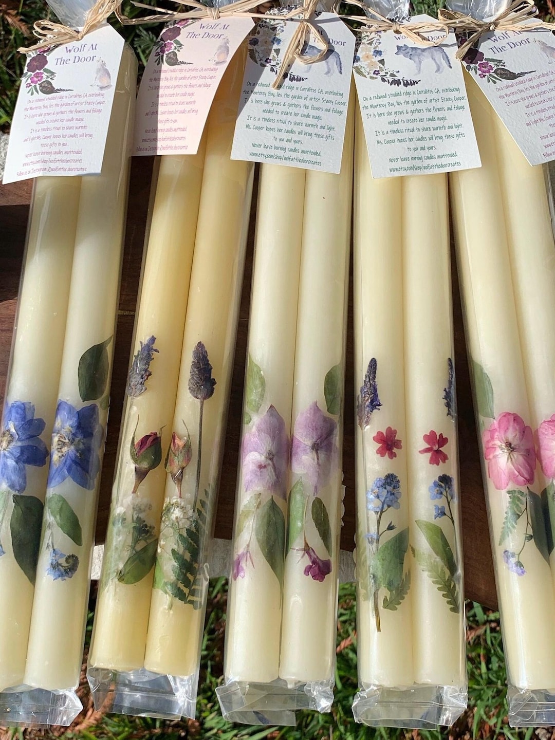 Pressed Flower Taper Candles With Mixed Botanicals - Set of Two 12 Inch ...