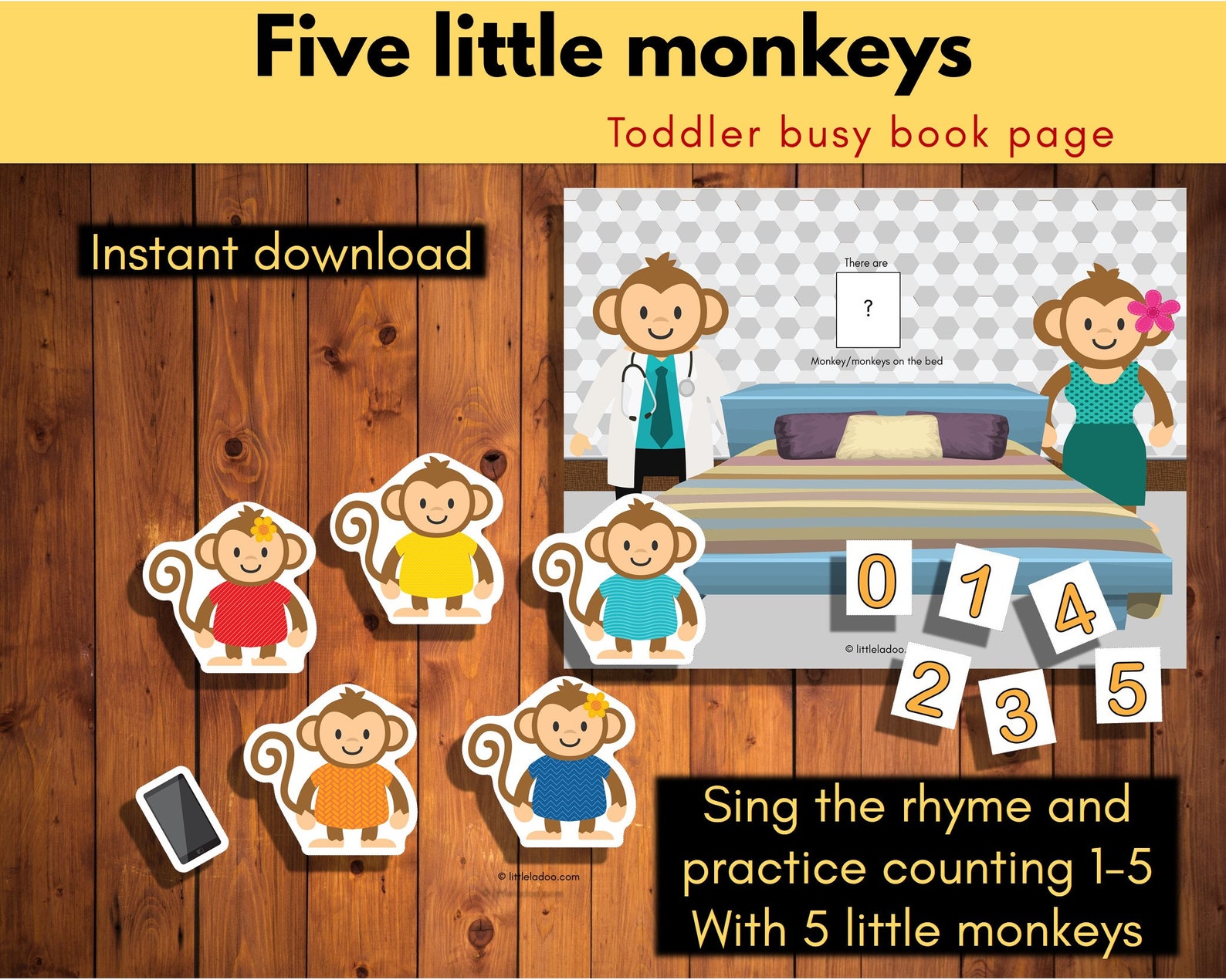 Five Little Monkey Nursery Rhyme Activity, Busy Book Page Printable ...