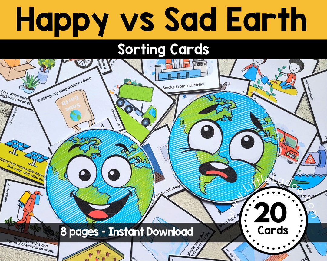 Happy Earth Vs Sad Earth Sorting Cards, Earth Day Printable, Earth Day ...