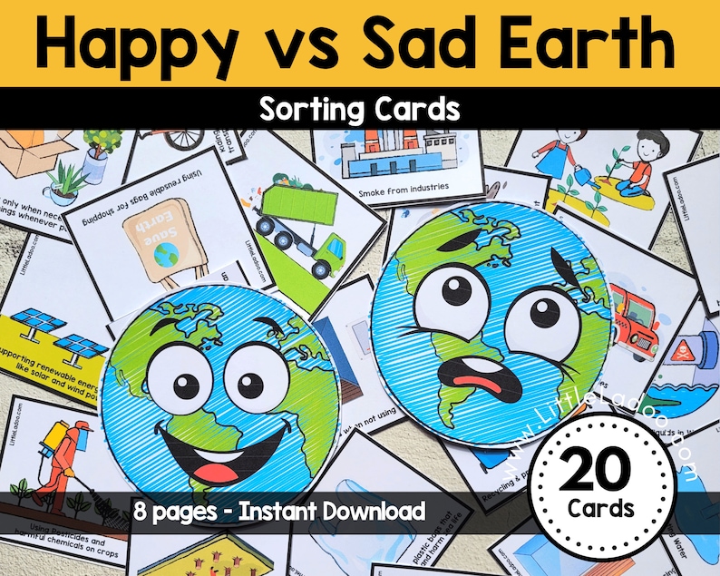 Happy Earth Vs Sad Earth Sorting Cards, Earth Day Printable, Earth Day ...