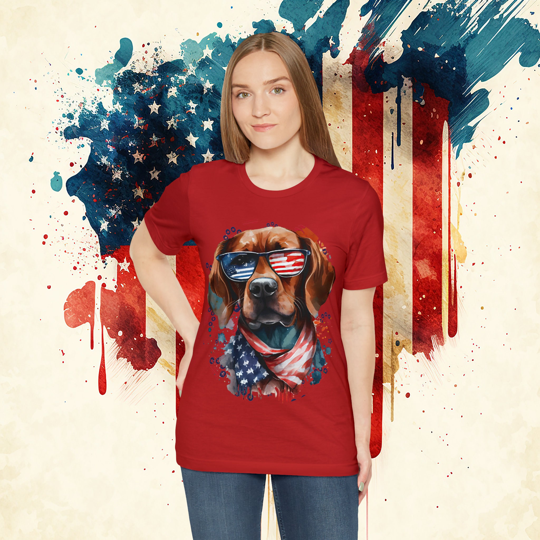 American Patriotic Dog Wearing Sunglasses and Bandana With Nations Red ...