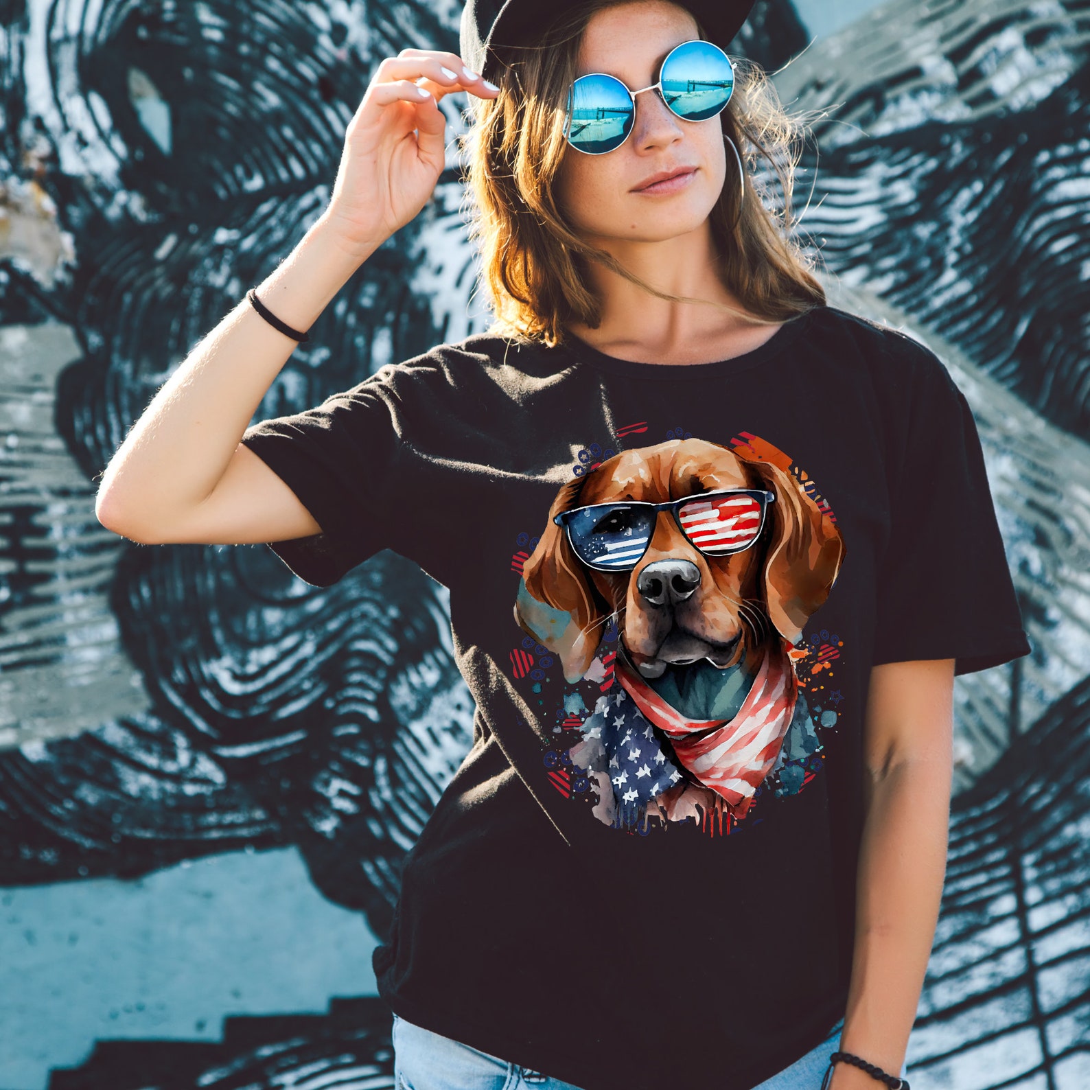 American Patriotic Dog Wearing Sunglasses and Bandana With Nations Red ...