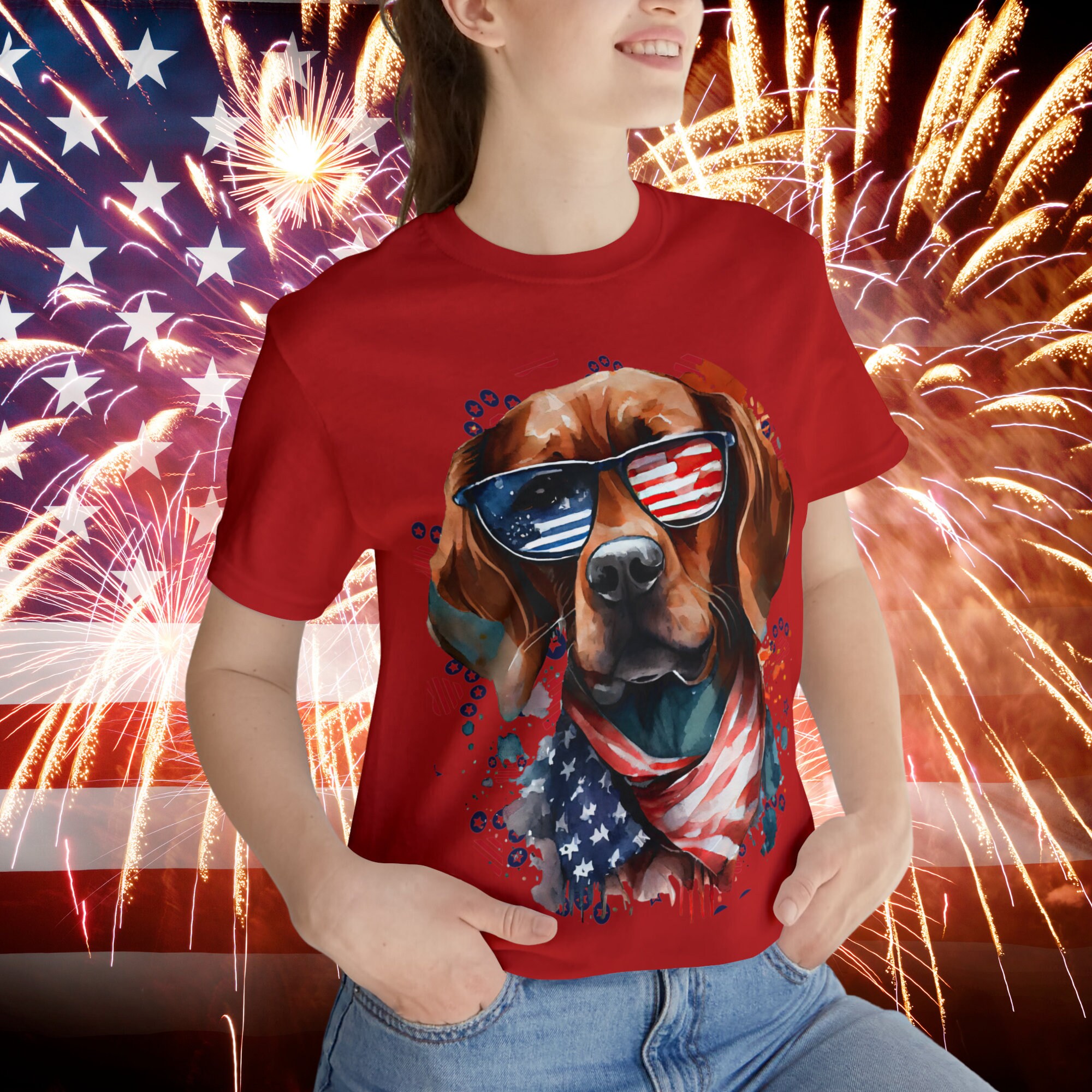 American Patriotic Dog Wearing Sunglasses and Bandana With Nations Red ...