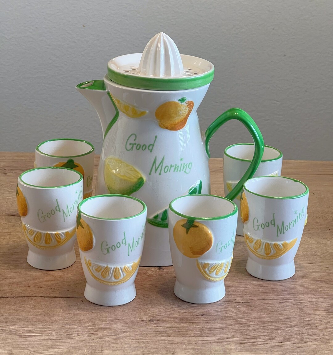 Vintage Napco Ware “good Morning “ Juicer Pitcher and 6 Juice Glasses ...