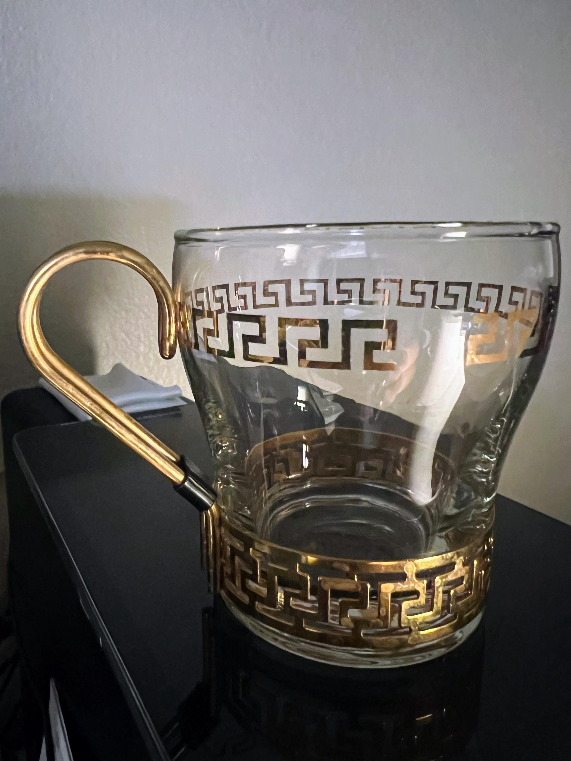 Set of 6 Vintage Libbey Greek Key Glass Coffee/tea Cups With Gold Tone ...