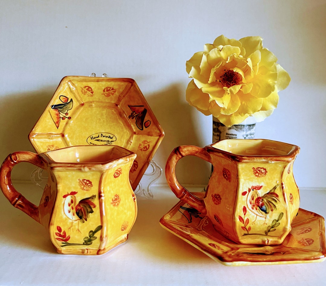 Set of Two Vintage Bamboo Rooster Cups/mugs With Saucers by ACK Co ...