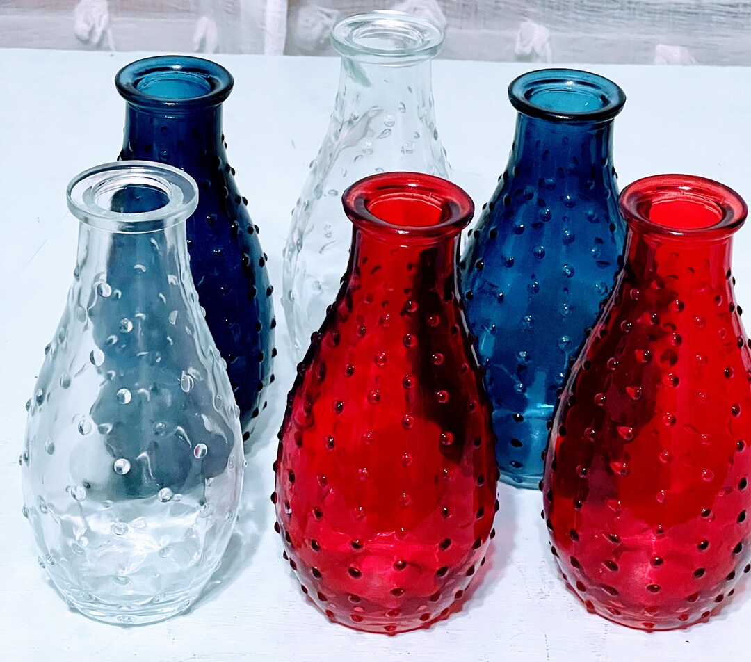Set of 6 of Collection of Colored Glass Bud Vase Bottles Hobnail Small ...
