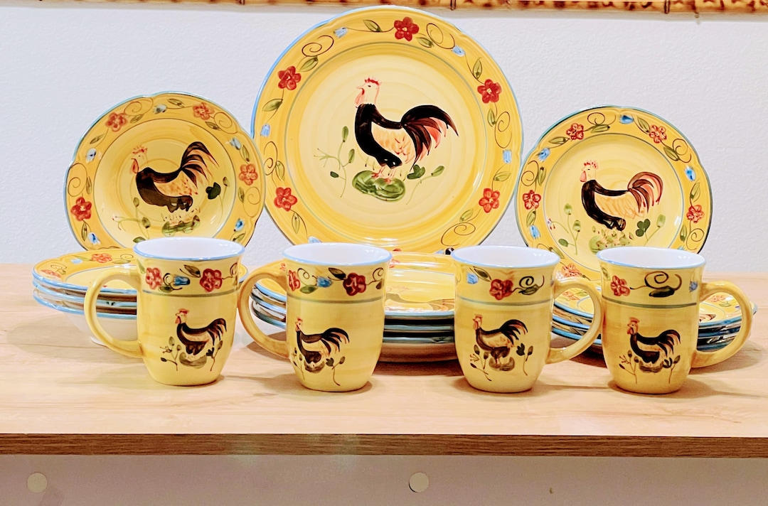 16PC Vintage Home Dinnerware Set , Hand Painted Rooster Design Dinner ...