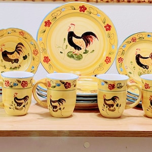 16PC Vintage Home Dinnerware Set , Hand Painted Rooster Design Dinner ...