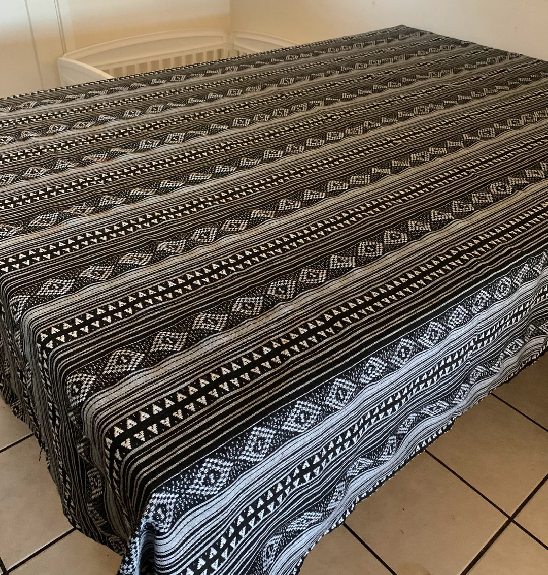 White and Black Guatemalan Striped Tablecloth Handwoven 100% Cotton, 89 ...