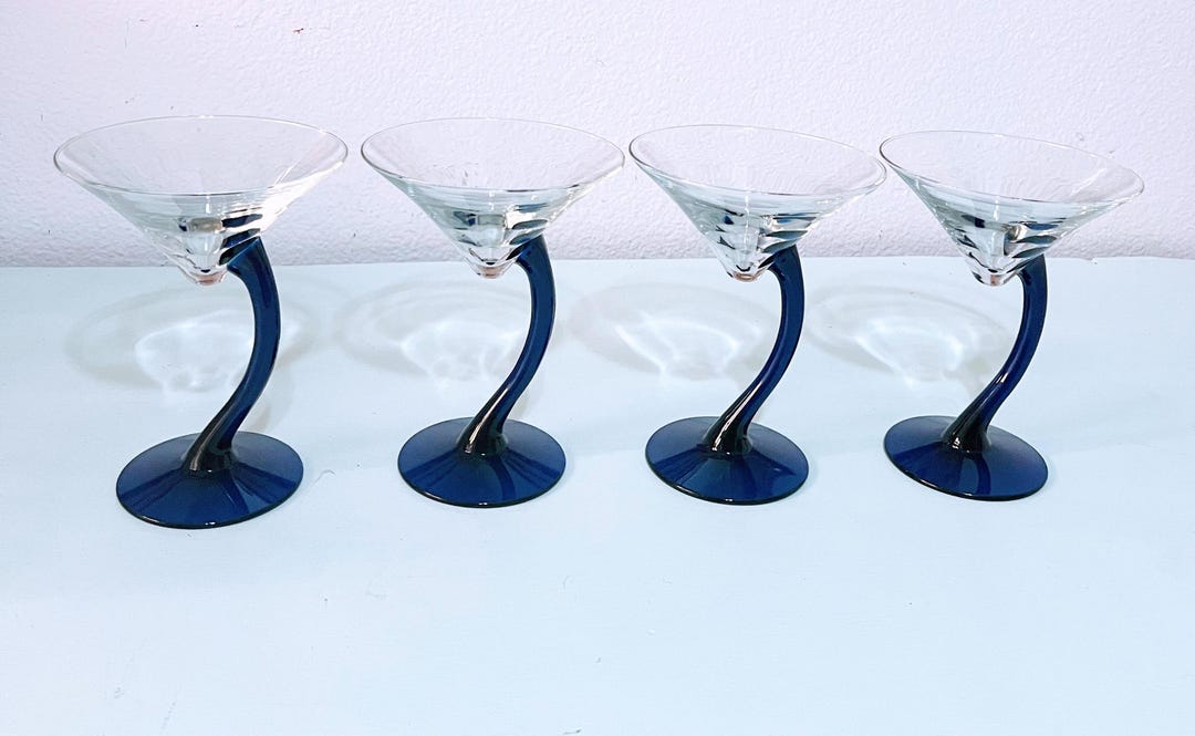Libbey Swerve Cobalt Blue Curved Stem, Martini Cocktail Glasses Set of ...