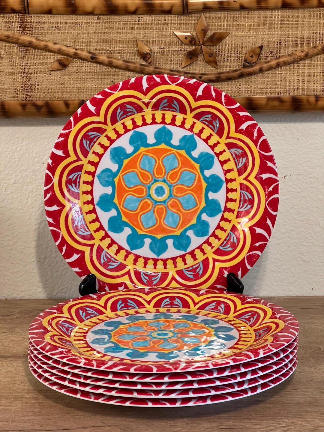 11” Melamine Dinner Plates Set of 6 Kaleidoscope Design Durable Vibrant ...