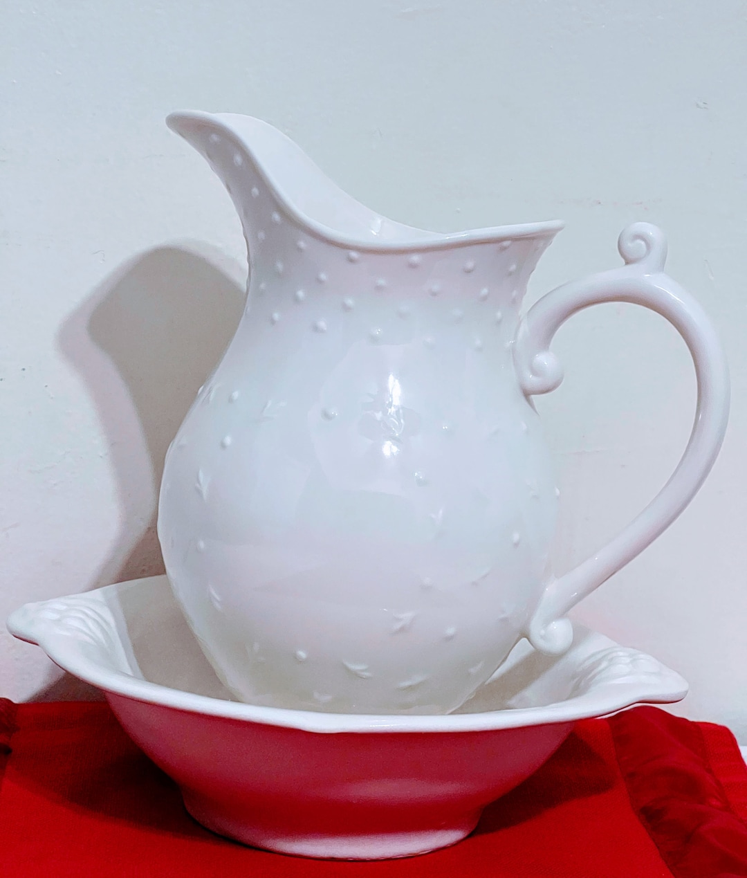 I. Godinger & Co. Porcelain 8 1/2” T Ivory Pitcher Embossed Dots Set of ...