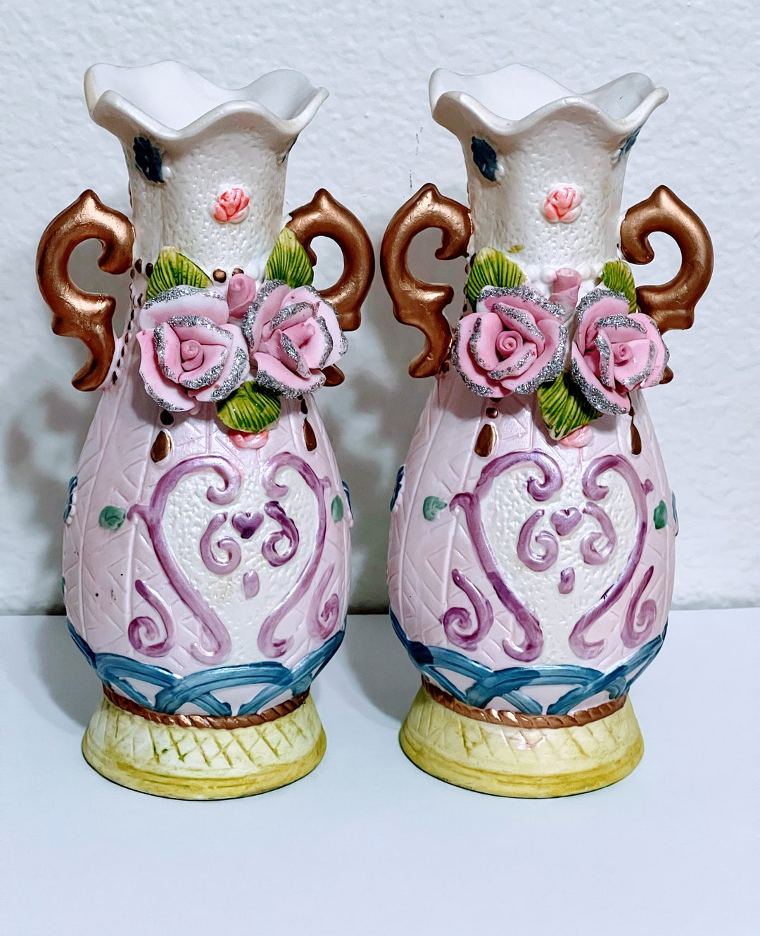 Set of Two Matching Pink Ceramic Hand Painted Vases , Two Handle With ...