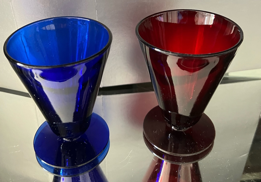 Set of Two Milan Italy Cobalt Blue and Ruby Red Shot Glasses 4” T 3” at ...