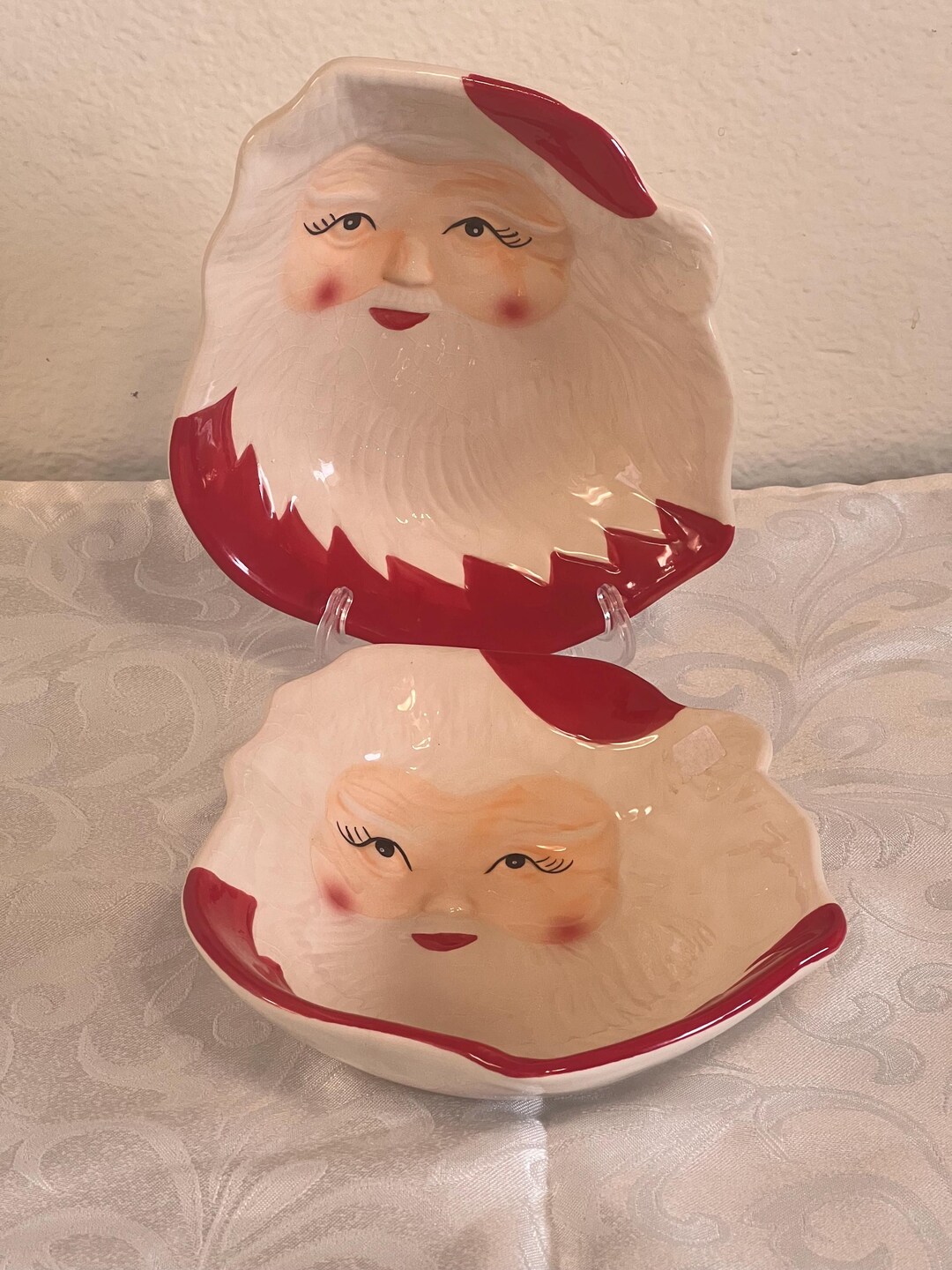 Ceramic Smiling Santa Clause Candy Dish Set of Two 7”L X 6” W X 2” Deep ...