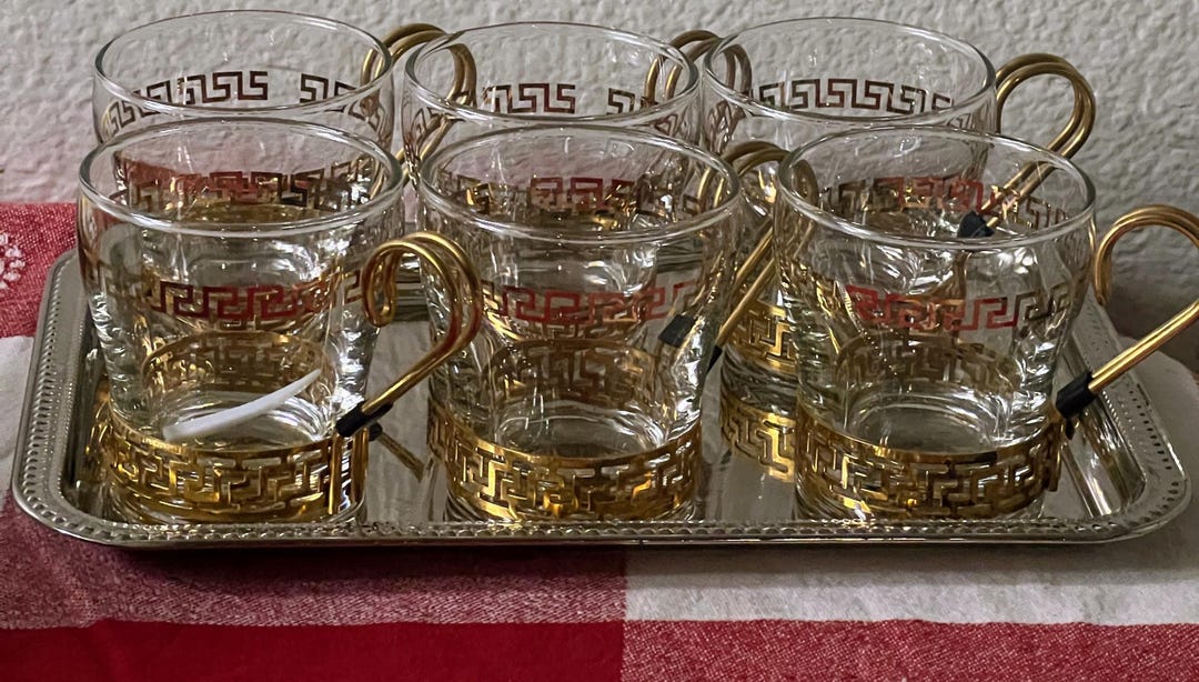 Set of 6 Vintage Libbey Greek Key Glass Coffee/tea Cups With Gold Tone ...