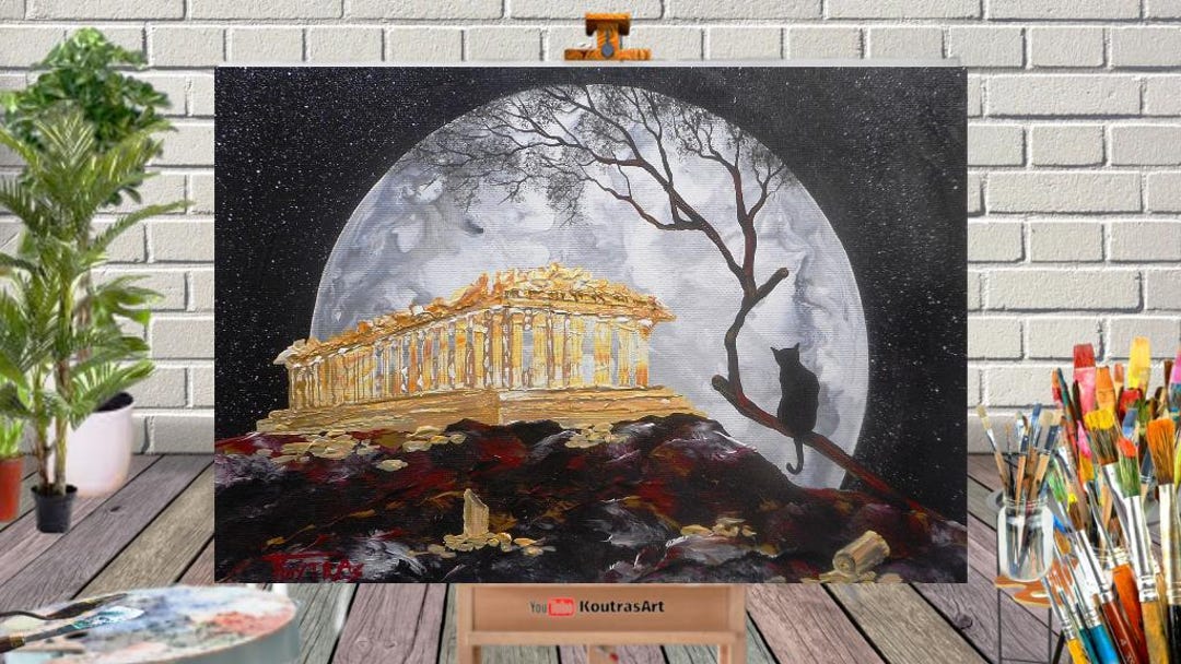 Parthenon Original Acrylic Painting on Canvas / Cat Overlooking the ...