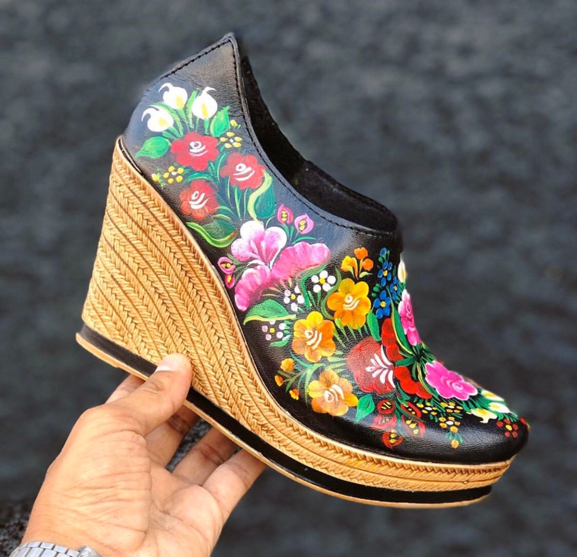 Hand Painted Wedges Leather Pumps Mexican Heels Women | Etsy