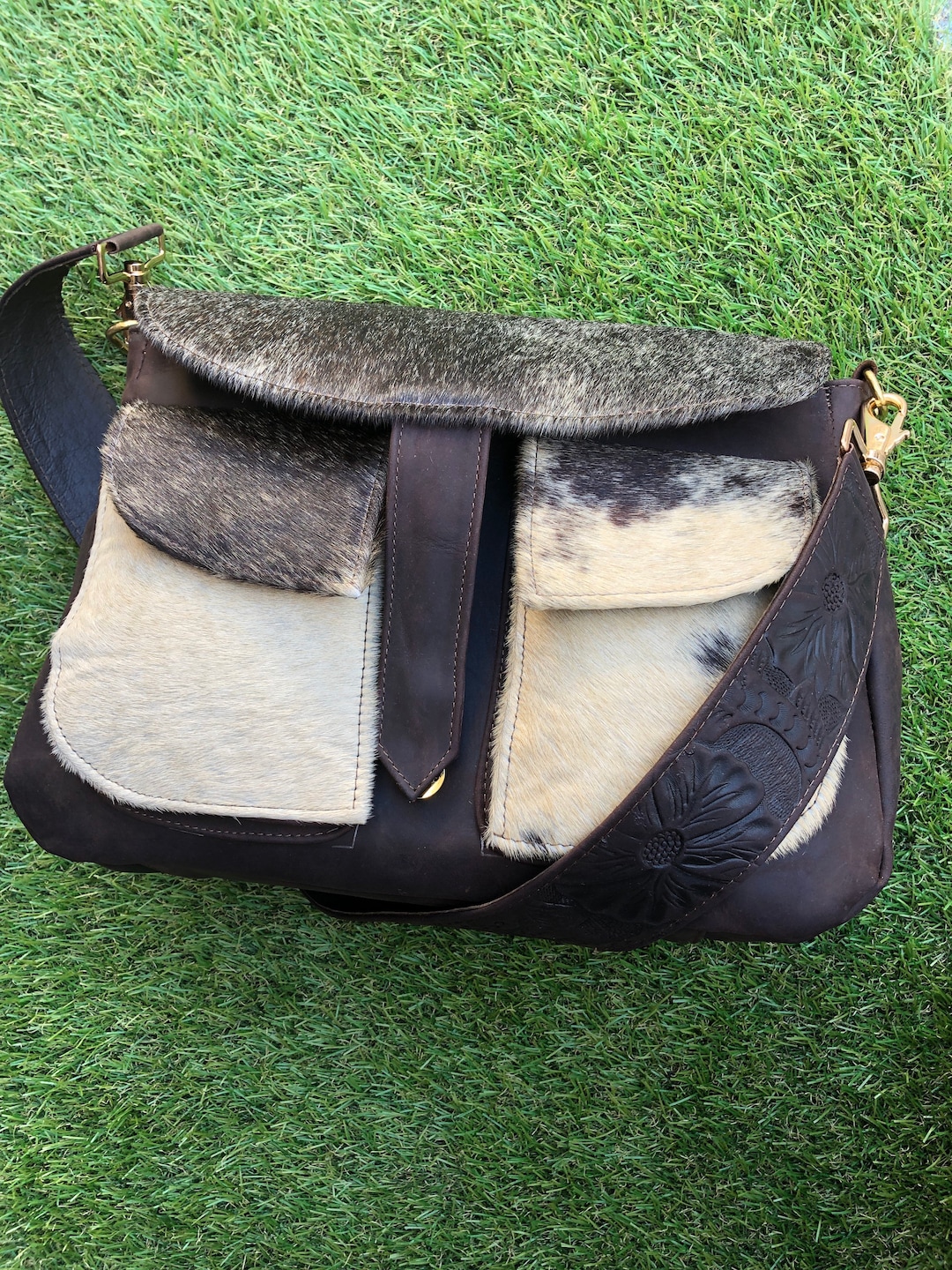 Cow Skin Leather Crossbody Bag, Tooled Leather Strap, Brown Bag, Purse ...