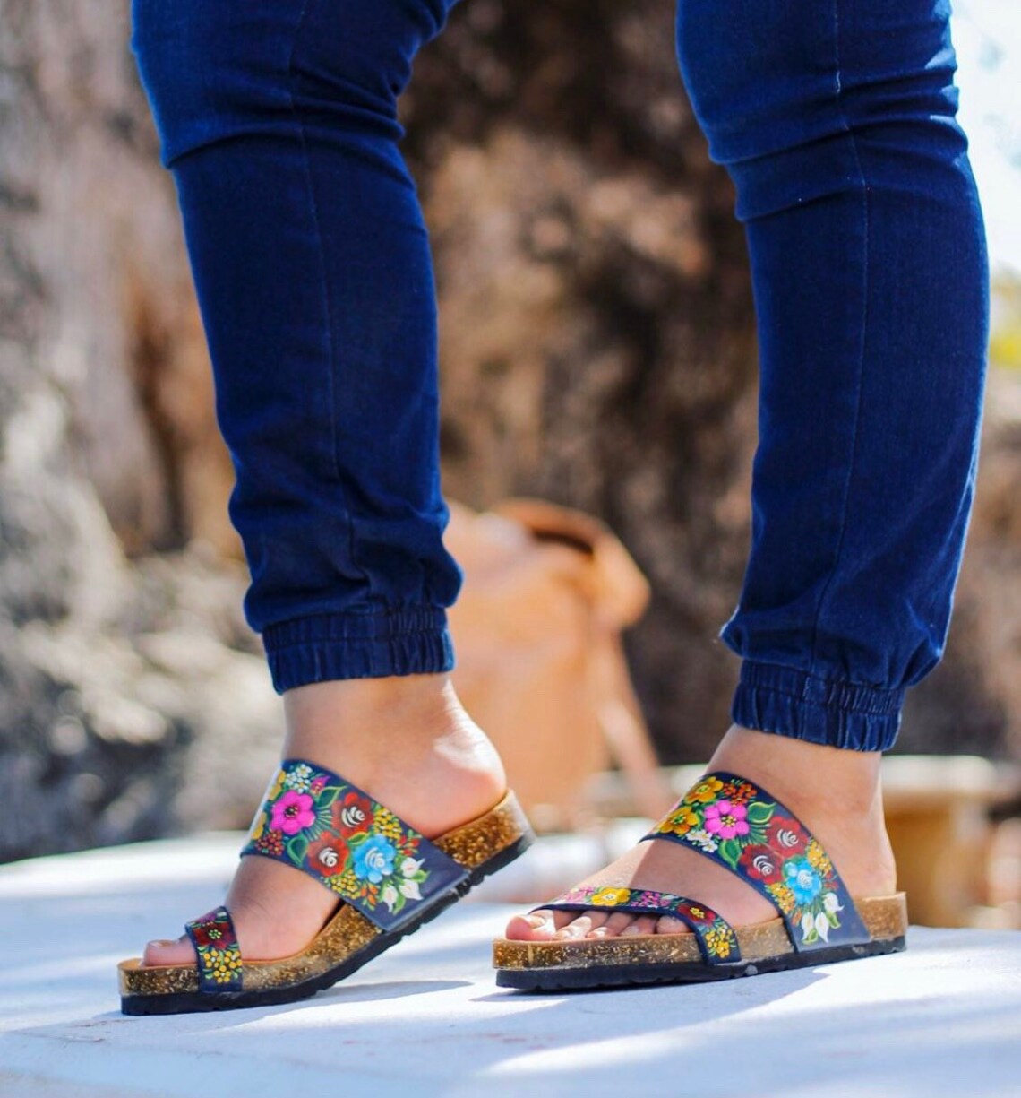 Handmade Floral Painted Leather Sandals, Mexican Style Slip-ons - Etsy