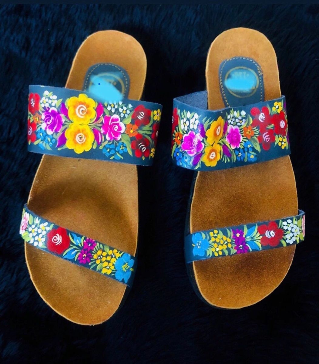 Handmade Leather Floral Sandals, Mexican Slip Ons - Etsy