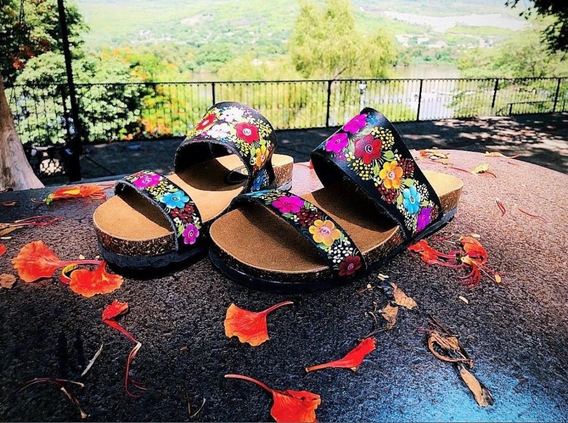 Handmade Leather Floral Sandals, Mexican Slip Ons - Etsy