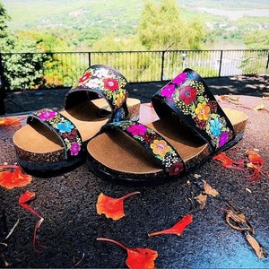 Handmade Leather Floral Sandals, Mexican Slip Ons - Etsy