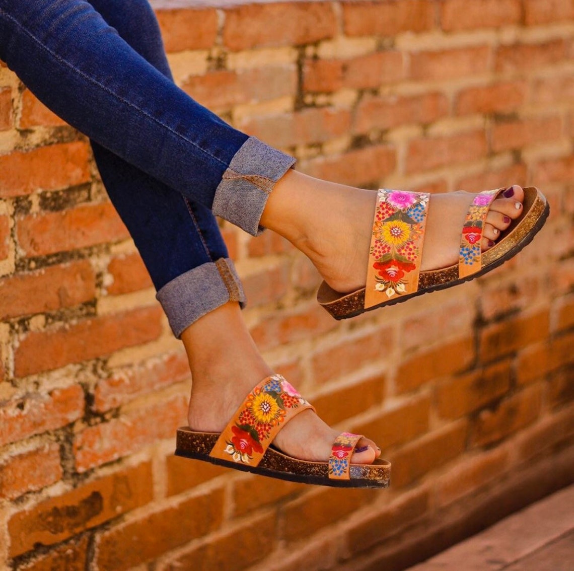 Sandals Tan Hand Painted Sandals Floral Painted Sandals - Etsy