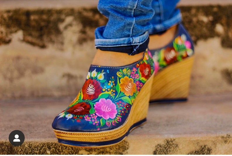 Hand Painted Wedges Leather Pumps Mexican Heels Women | Etsy