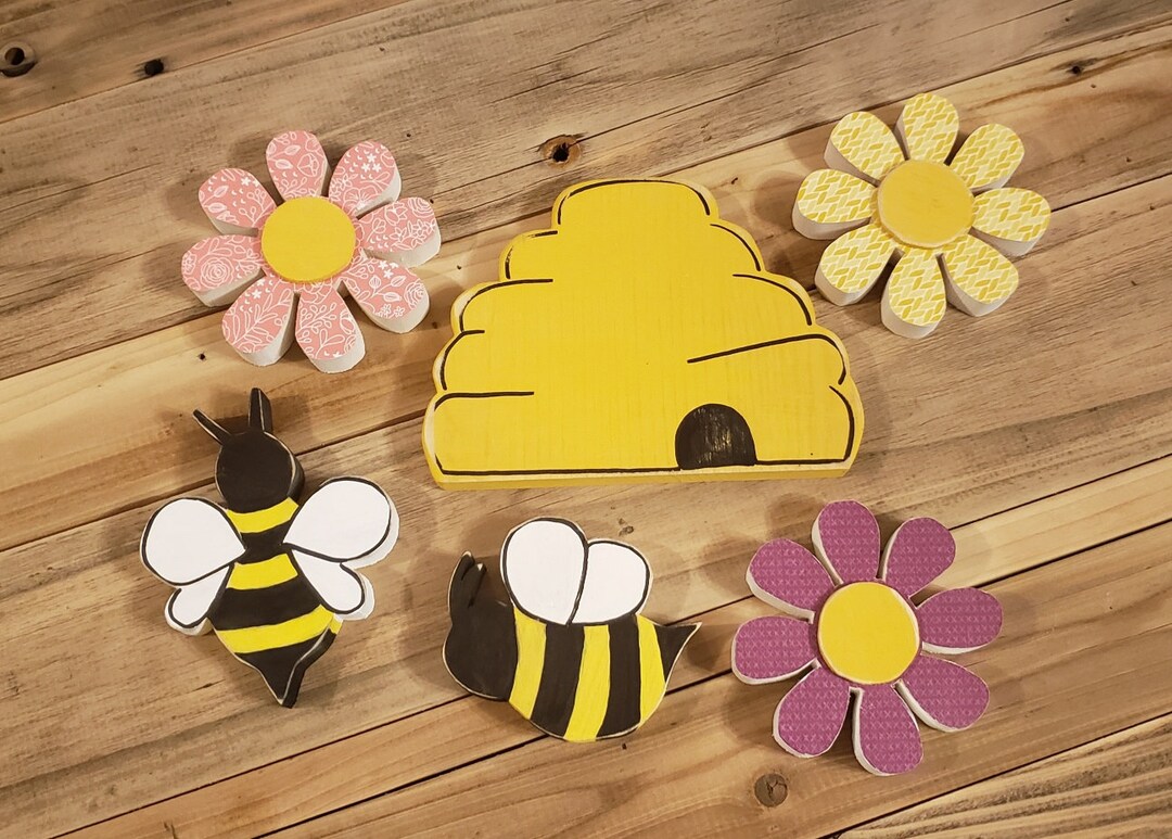 Wooden Bees, Wooden Flowers, Tiered Tray Decor - Etsy