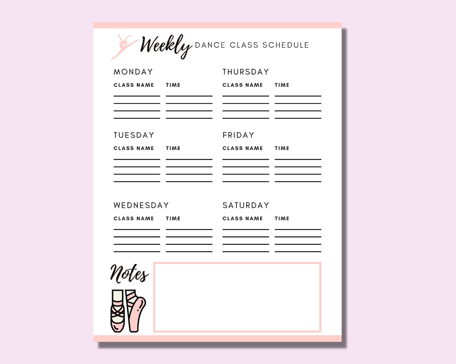 Weekly Dance Class Schedule Printable A4 A5 US Letter - Etsy