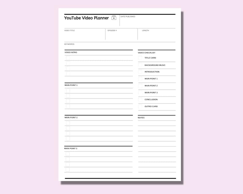 Youtube Video Script Worksheet, Video Template, Youtube Video Planner ...