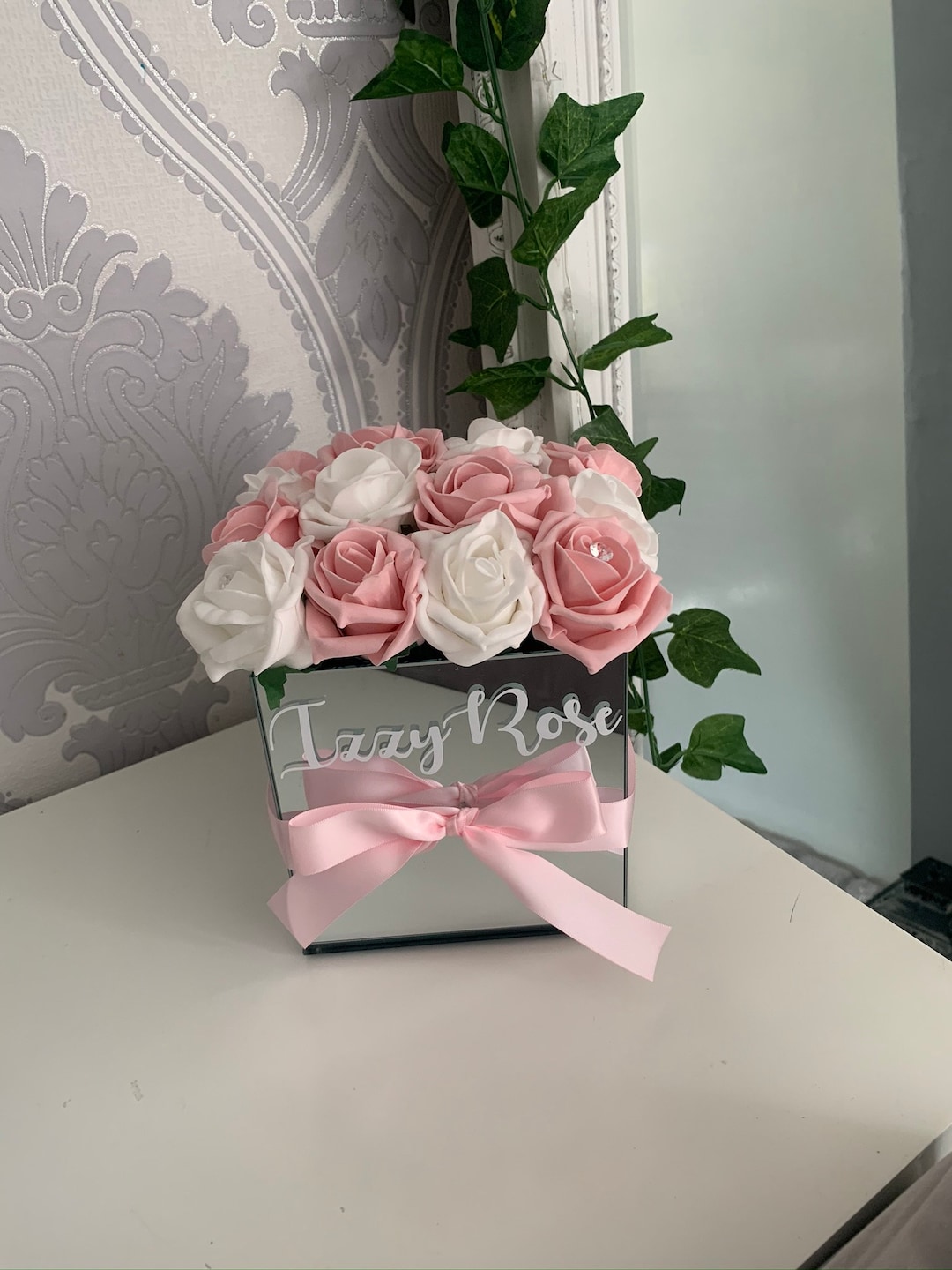 Personalised Cube Mirrored Glass Vases Interior Artificial Roses Hat ...