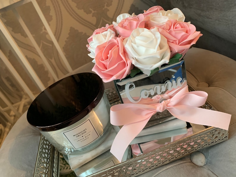 Personalised Cube Mirrored Glass Vases Interior Artificial Roses Hat ...