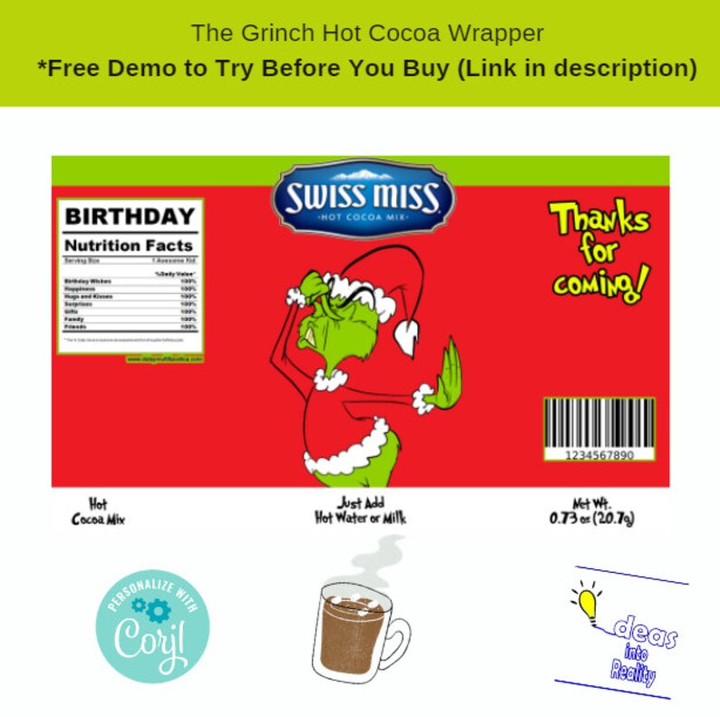 The Red Grinch Party Favor Package, Hot Cocoa Packet, Chip Bag, Gift ...