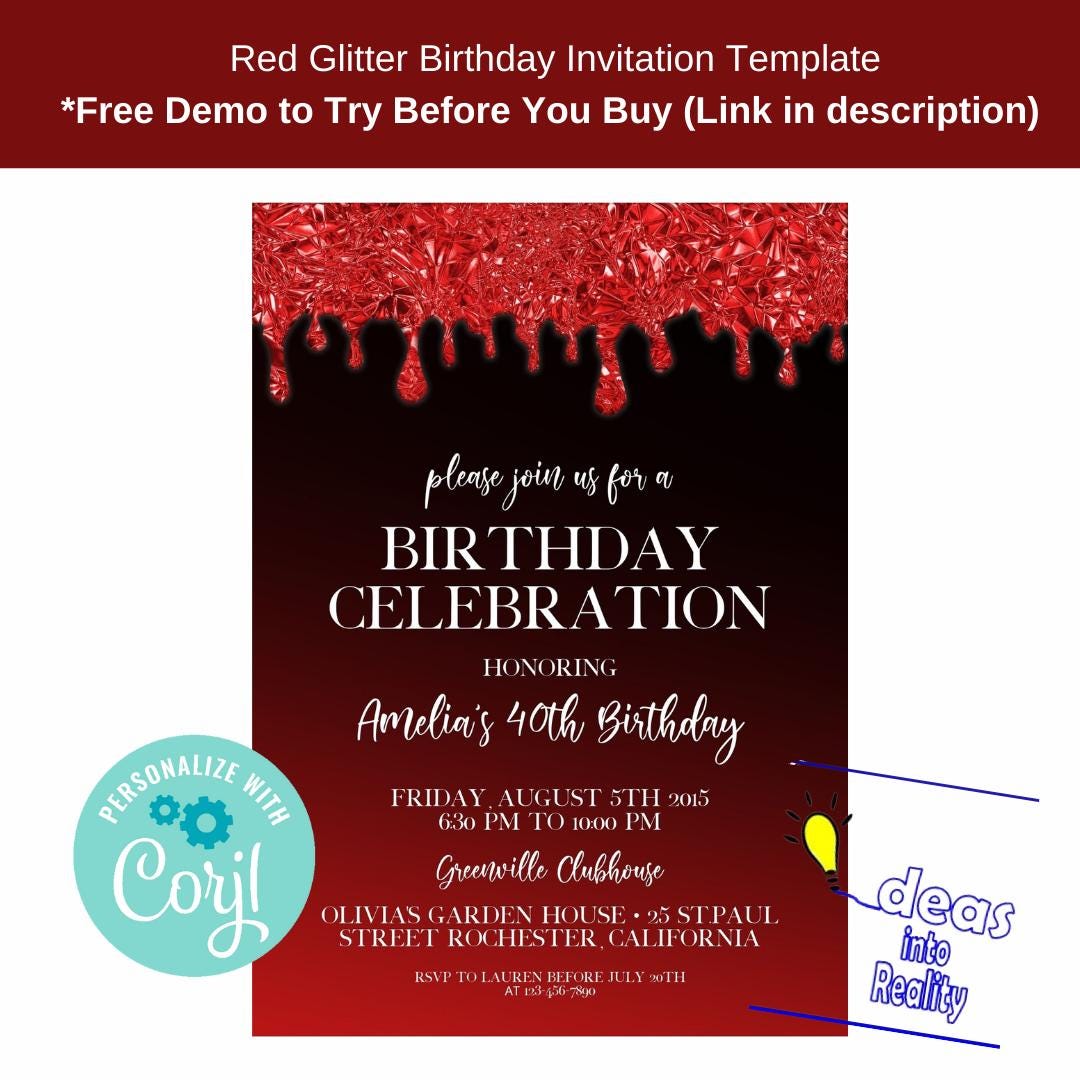 Red Glitter Birthday Invitation, Sophisticated Birthday, Lovers of Red ...